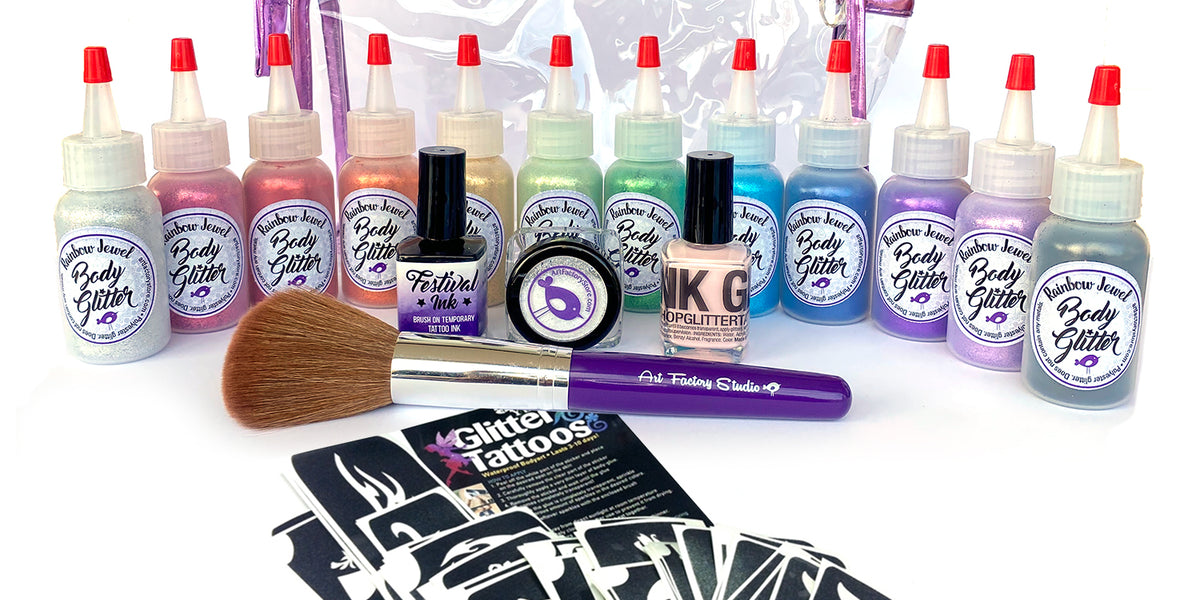 Pro Glitter Tattoo Kit | 100 Stencils + 12 Poof Glitters | Art Factory ...